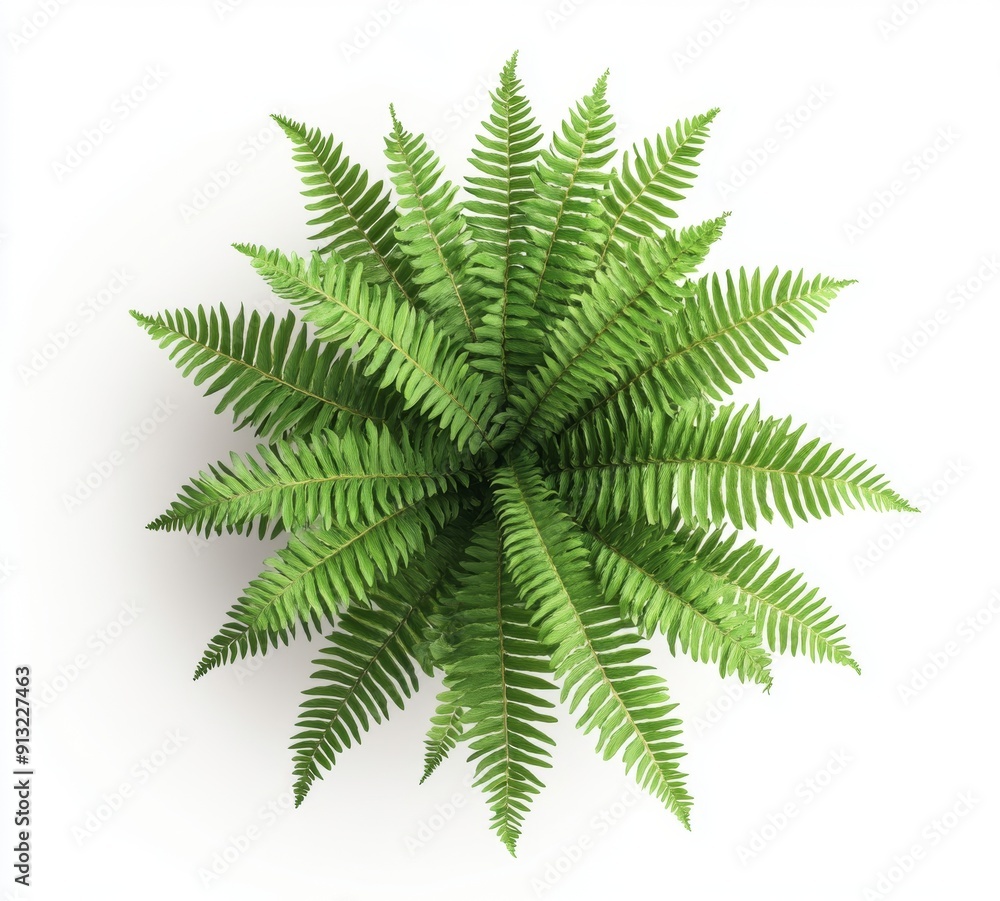 Top down view of a green potted nephrolepis fern plant, with ...
