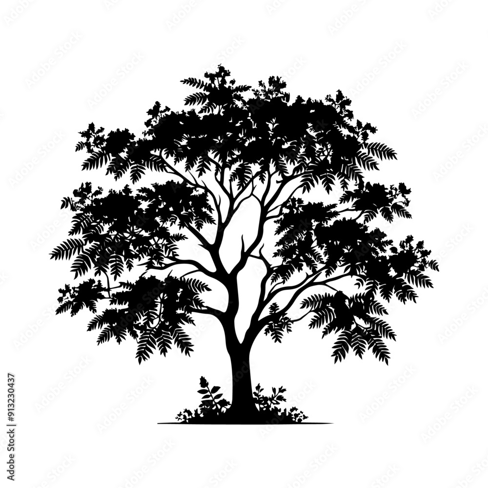 neem Tree, vector black color silhouette, isolated white background ...