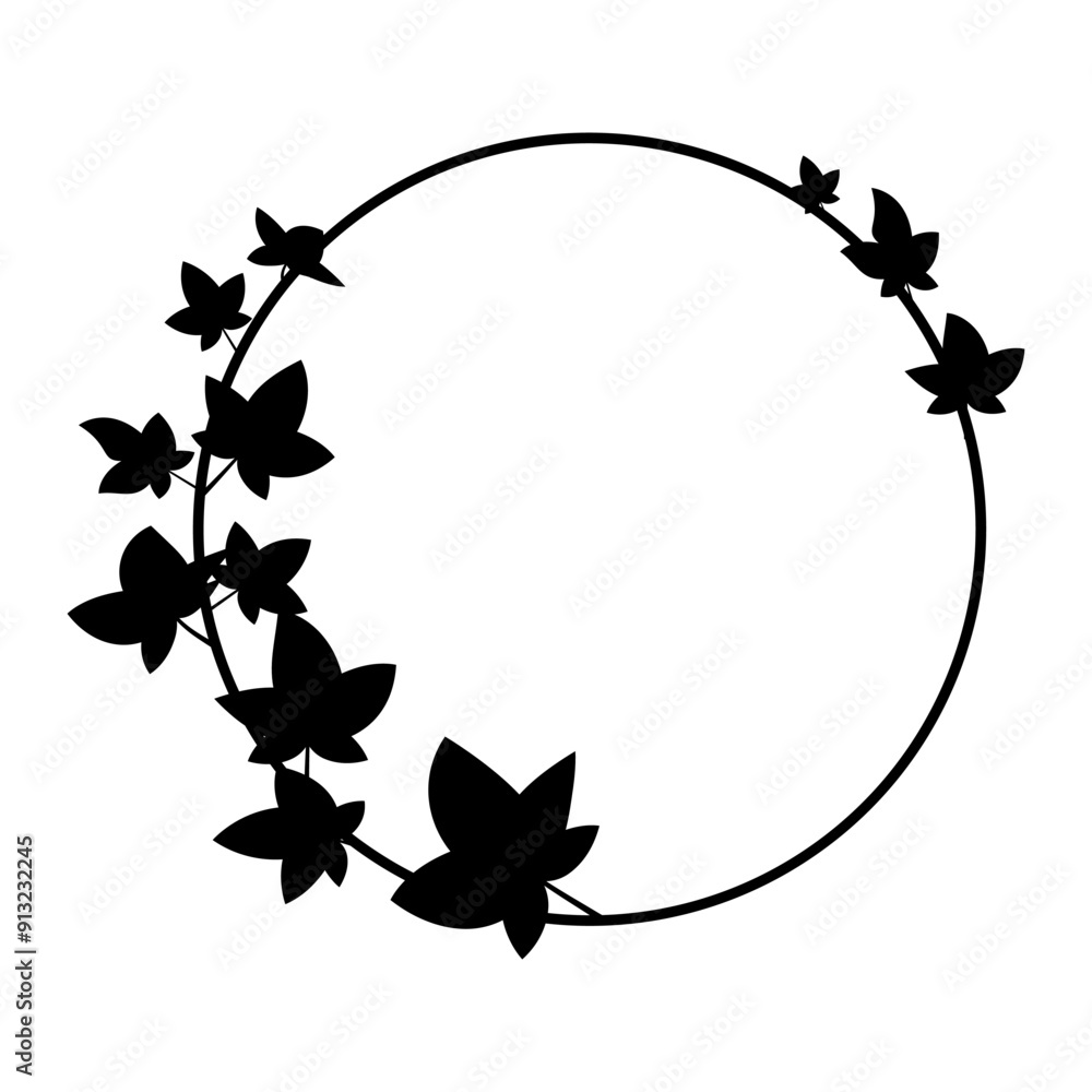 Circular ivy frame. Black silhouette leaves. Minimalist wreath design ...
