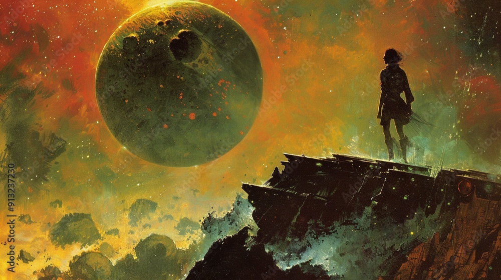 A man standing atop a cliff, gazing at a far-off object in the sky ...