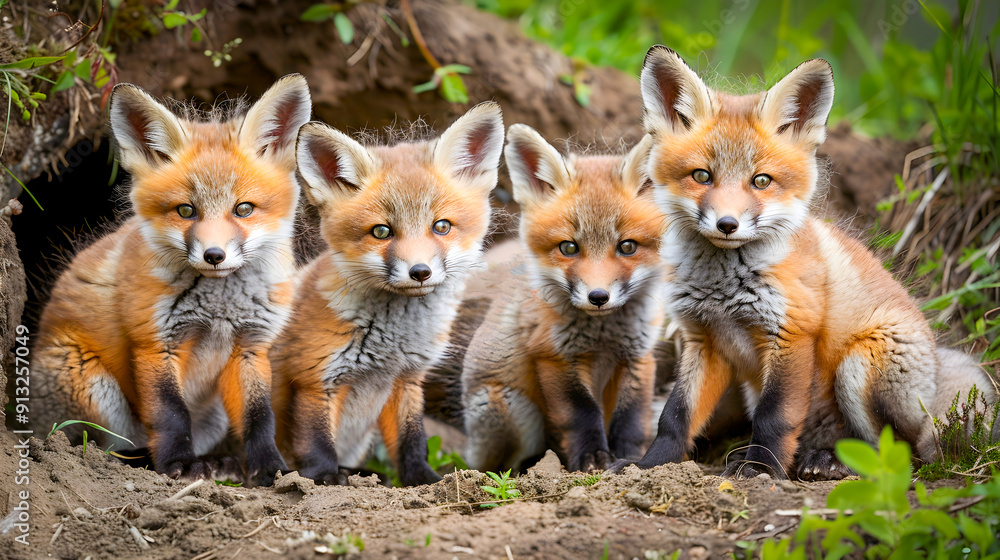 Adorable group of red fox cubs vulpes vulpes sitting together at the ...