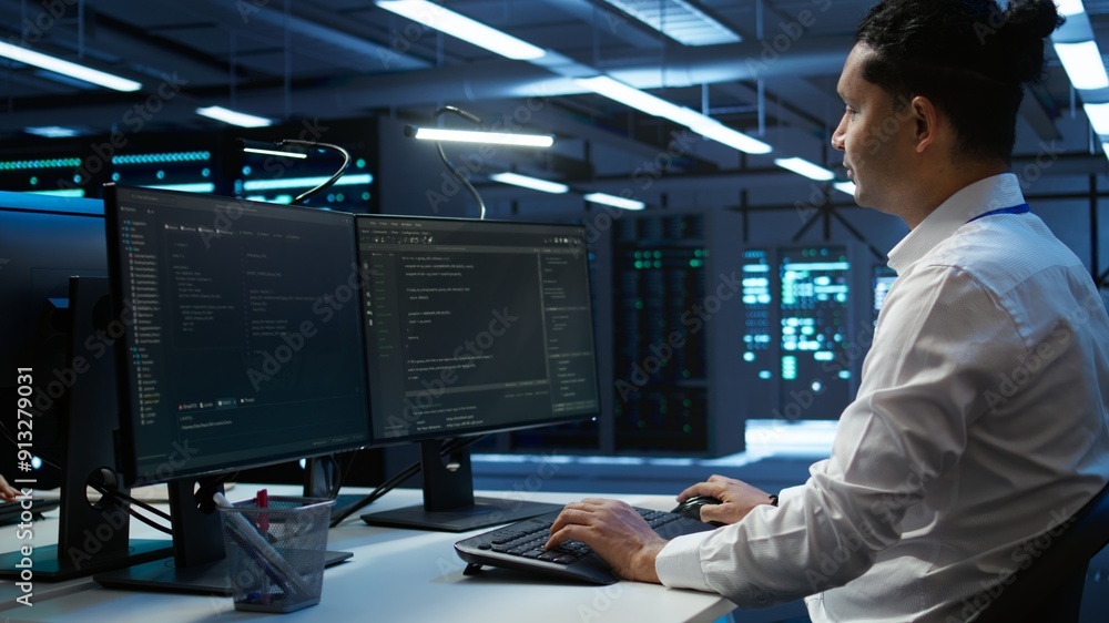 Engineer overseeing data center, making routine improvements and ...