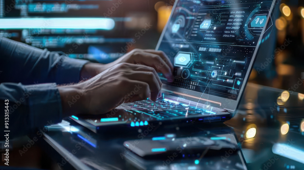 Man creating images with AI technology on a laptop, futuristic UI and ...