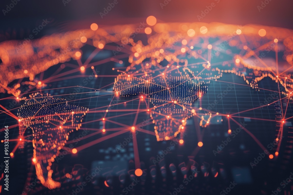 A detailed map of the world with lines and dots representing various ...