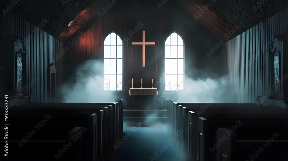 Eerie Church Interior: A haunting, atmospheric image of a dimly lit ...