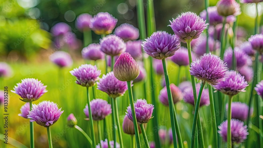 Chive plant in a garden, showcasing purple flowers and edible leaves ...
