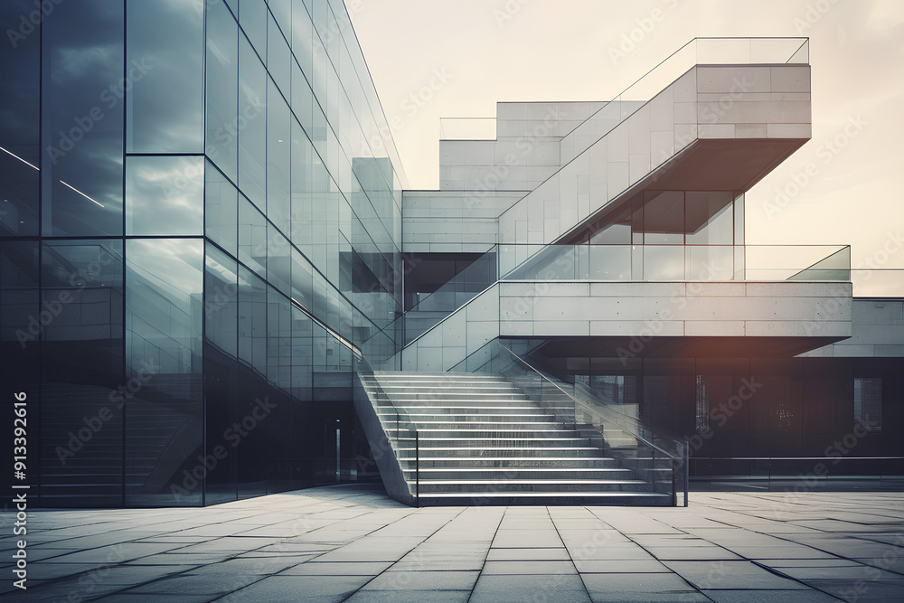 Concrete glass building emergency exit double. Low angle view of modern ...