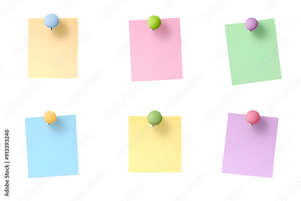 Six colorful sticky notes with pins, isolated cutout on transparent ...