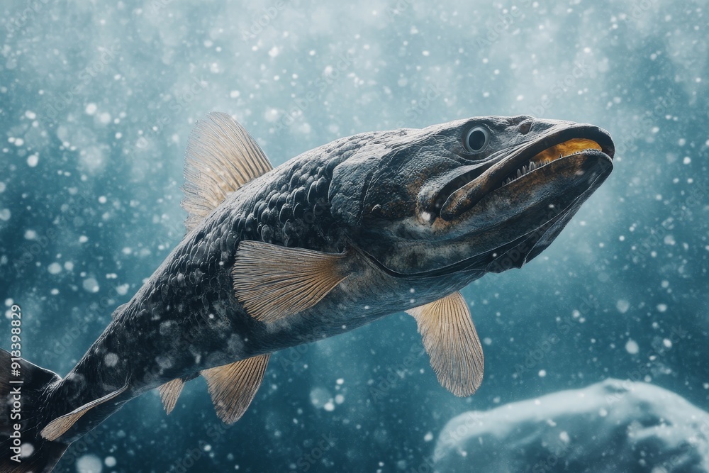 Portrait of a prehistoric fish swimming in icy waters, its scales ...
