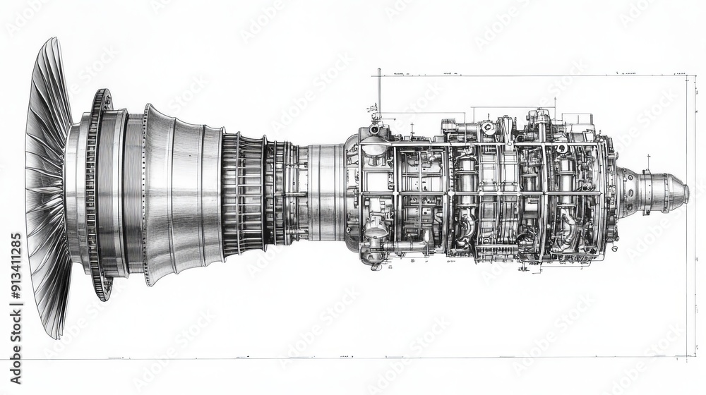 A turbine engine with a longitudinal section is used to study the ...