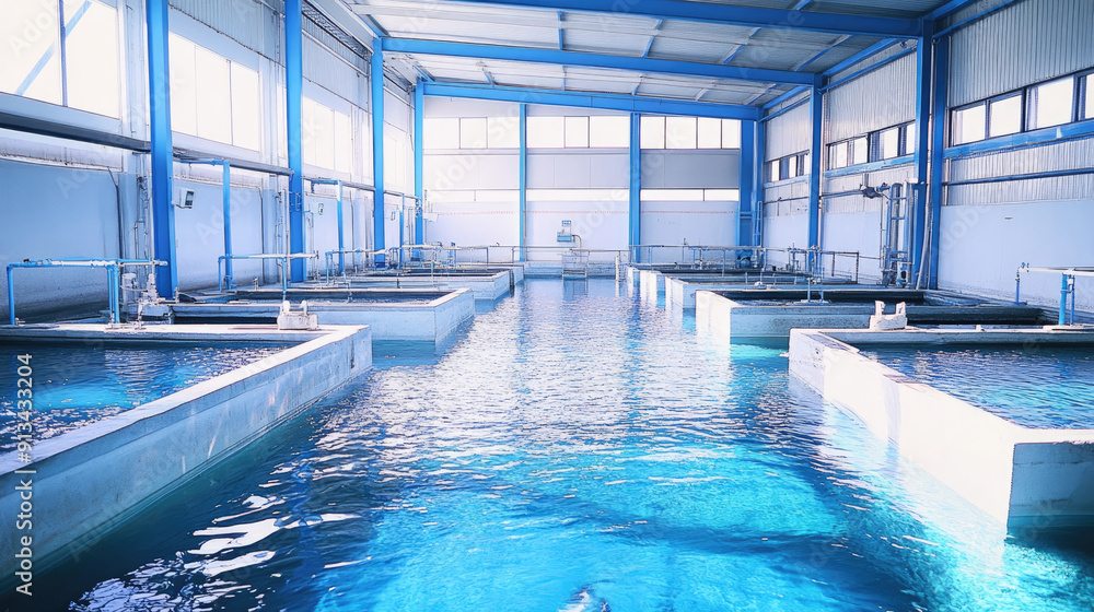 Fish farm with blue water, lots of rectangular aquarium tanks and areas ...