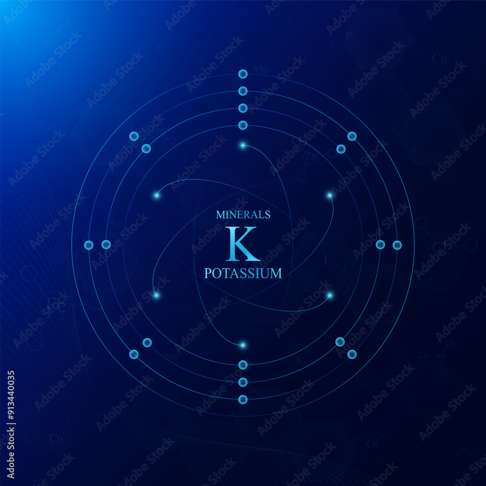 Molecular model atom chemical structure of potassium minerals. On dark ...