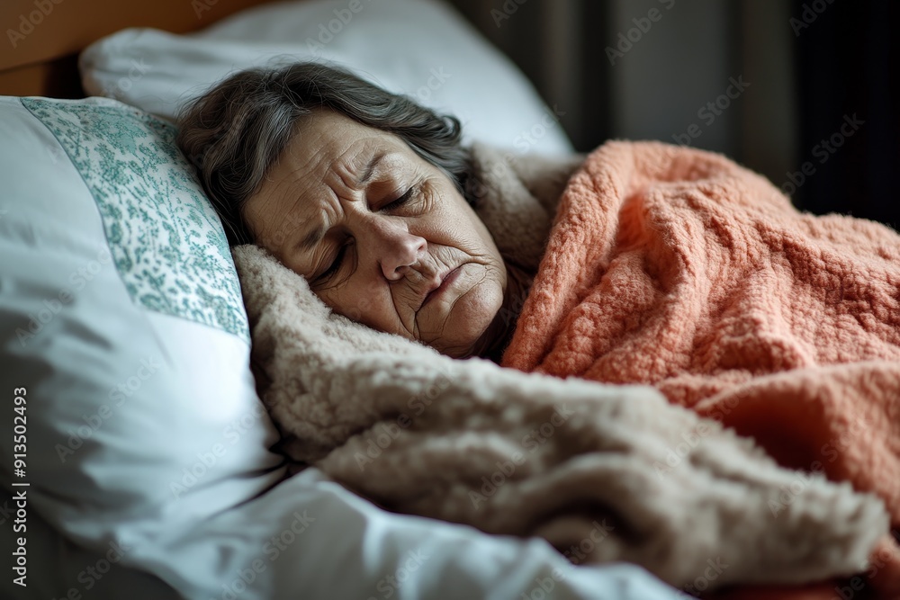 Portrait of a patient resting in bed with flu symptoms, showcasing the ...