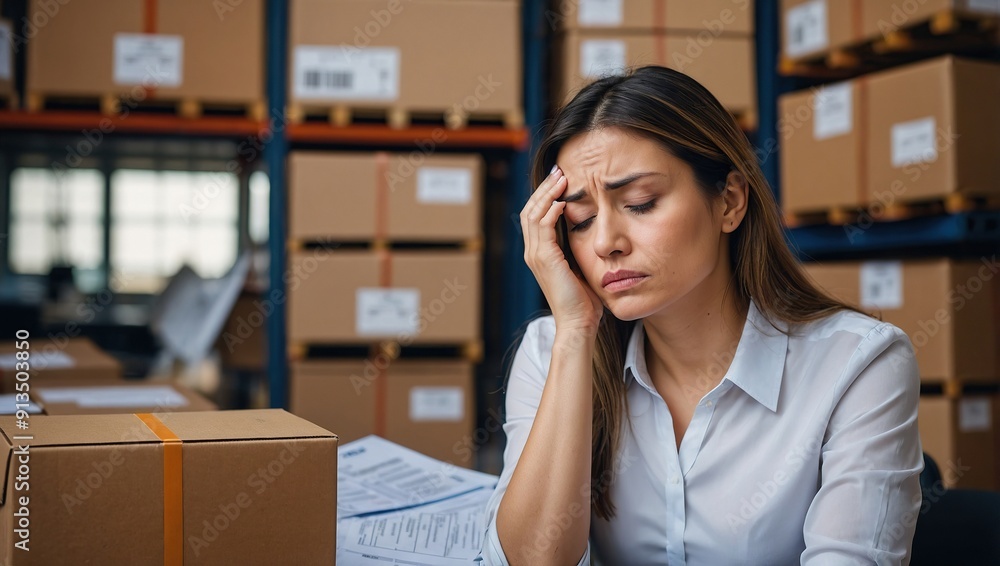 Business woman, stress and document for logistics with wrong invoice ...