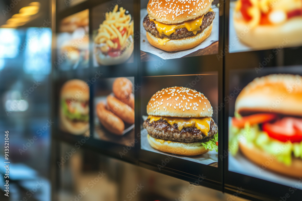 menu board with pictures of different types of burgers and fries. Scene ...