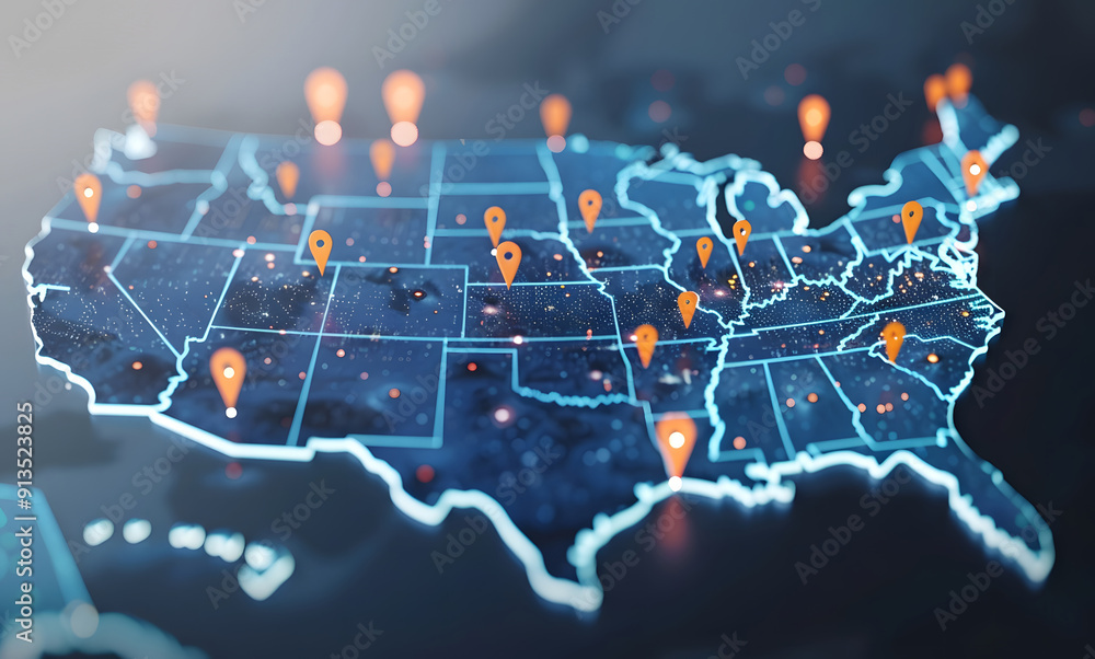 A high-tech, illuminated 3D map of the United States, showcasing ...