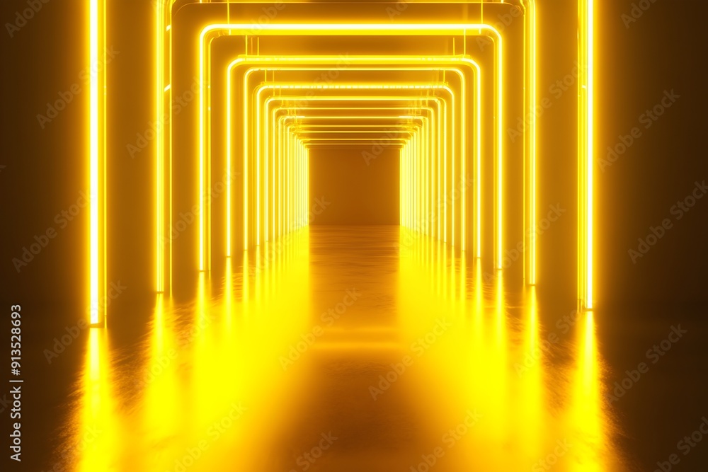 Yellow neon lights tunnel glowing in dark corridor space background for ...