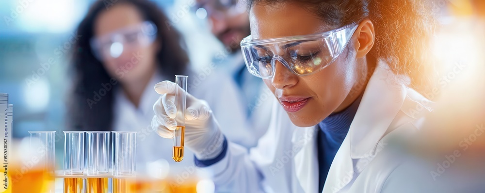 Scientist conducting experiment with test tubes in a laboratory ...