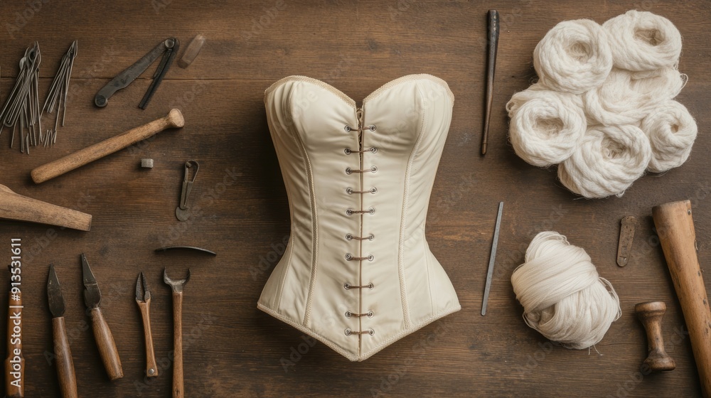 A vintage-style leather corset, displayed with the tools used in its ...