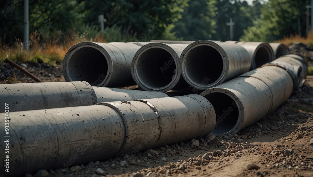 Concrete drainage pipe system installation on road sides for urban ...