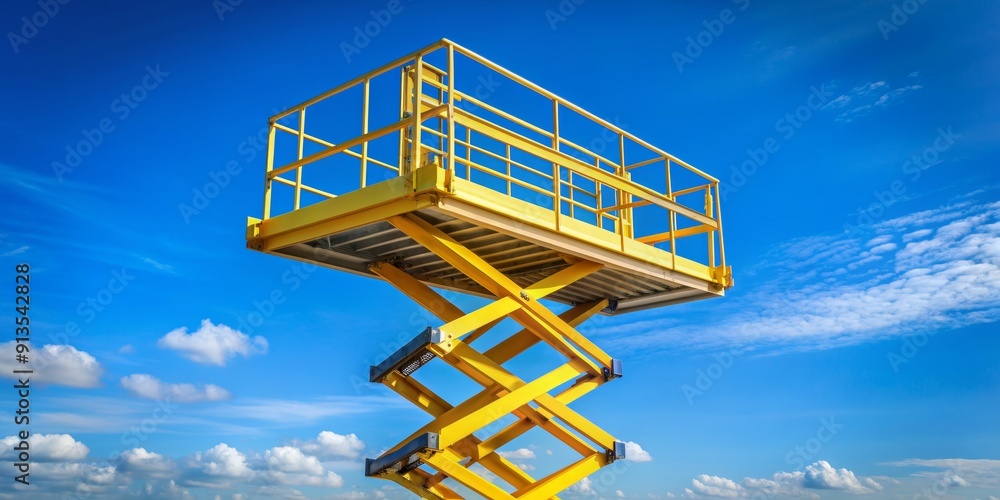 Yellow Scissor Lift Against a Blue Sky, Aerial View , Scissor Lift ...