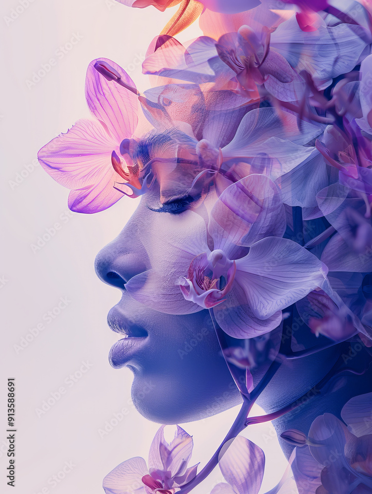 Artistic portrait of a young woman merging with an orchid flower ...