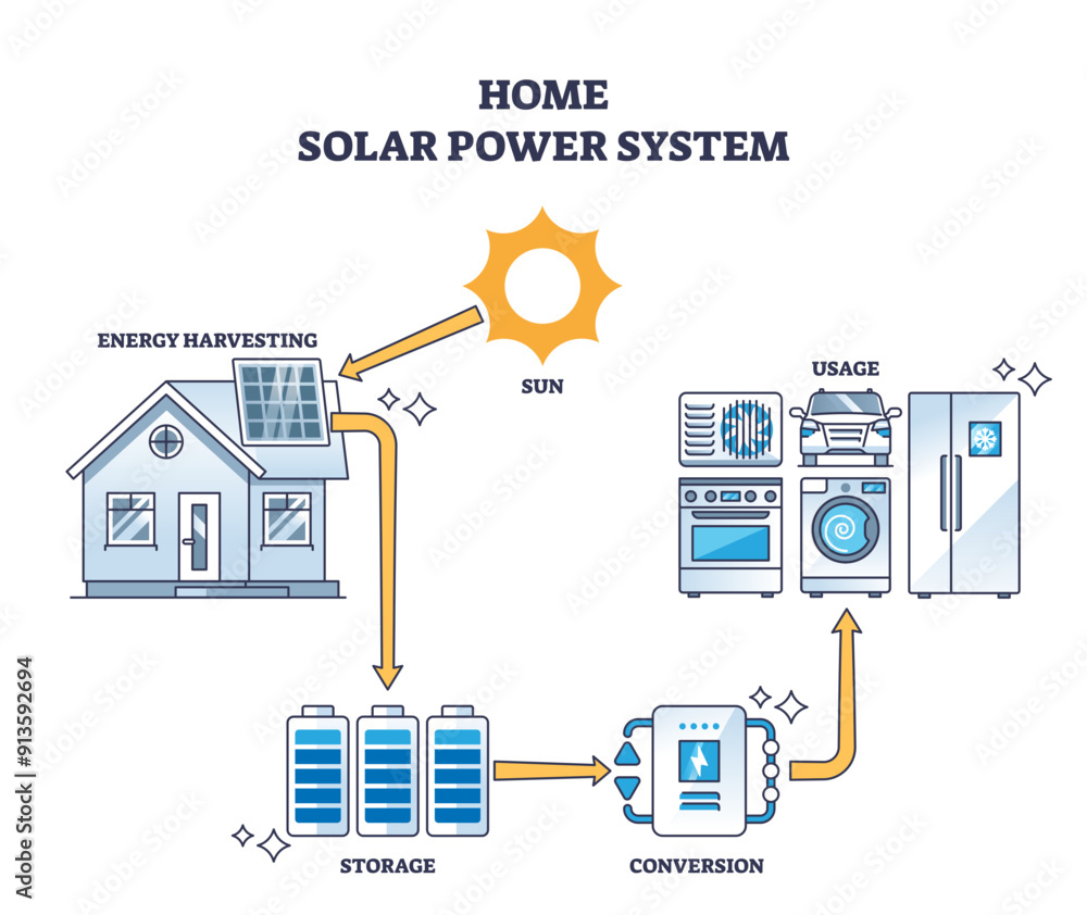 Home solar power system with sun collector panels flowchart outline ...