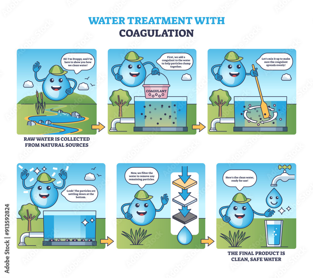 Water treatment with coagulation principle outline comic style diagram, transparent background ...