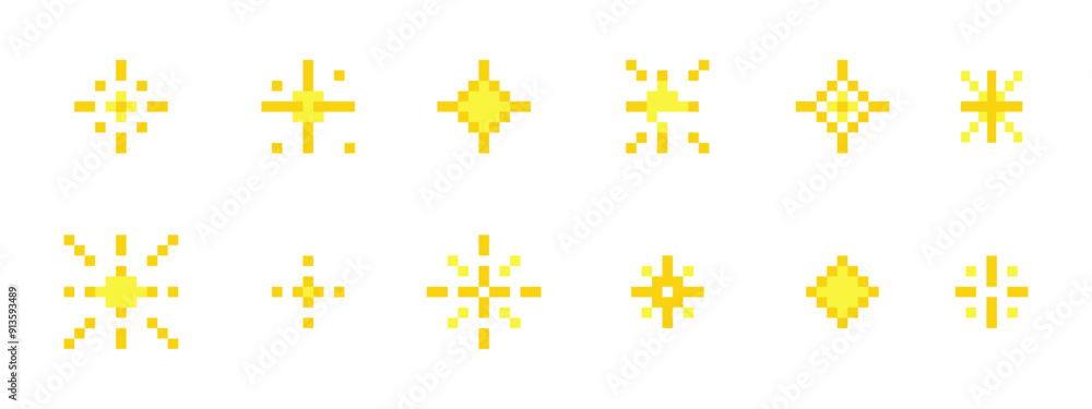 Pixel star retro 8 bit sparkle set. Shiny game pixel art effect set. Firework burst, space ...