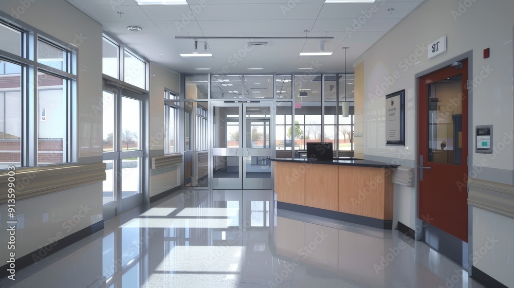 Picture a 3D school entrance with a welcoming lobby, reception desk ...
