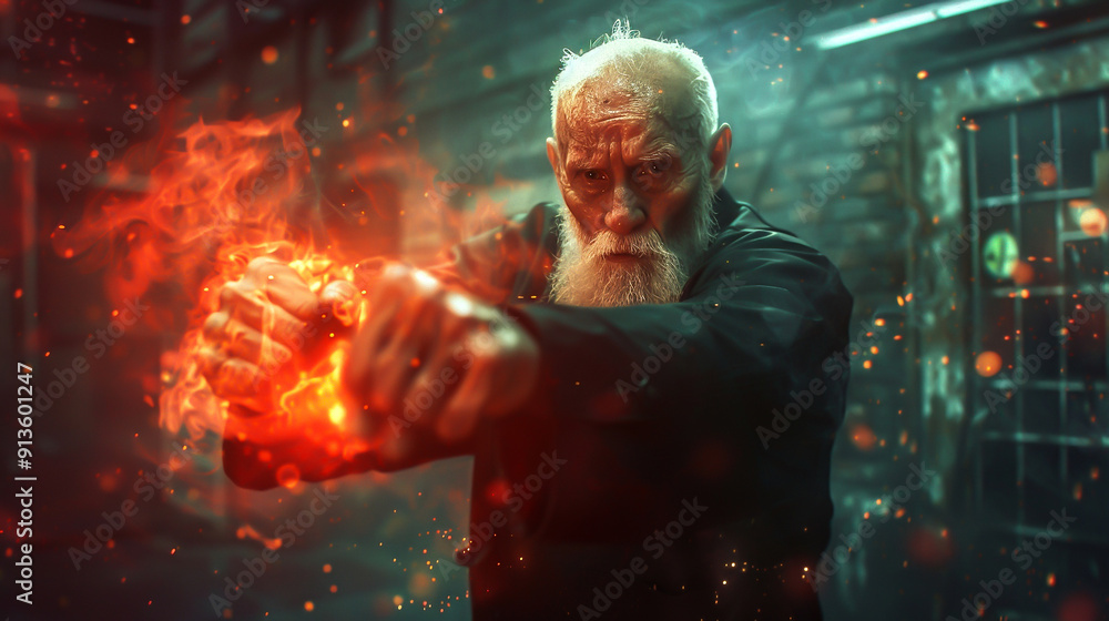 Design a photorealistic scene of an old man in a gym, using magic in a ...