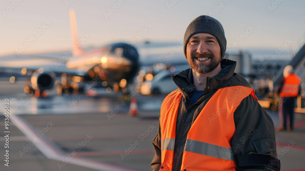 Young airport ground crew member in an orange safety vest standing on ...