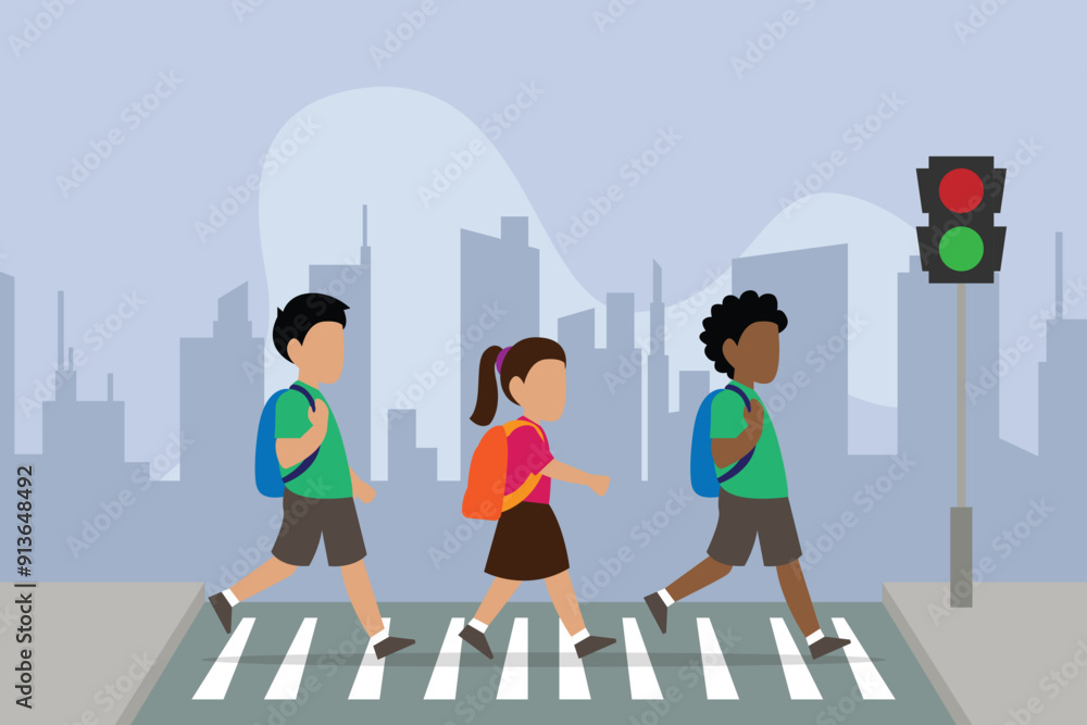 Kids students with backpack walking crossing road near traffic light on ...