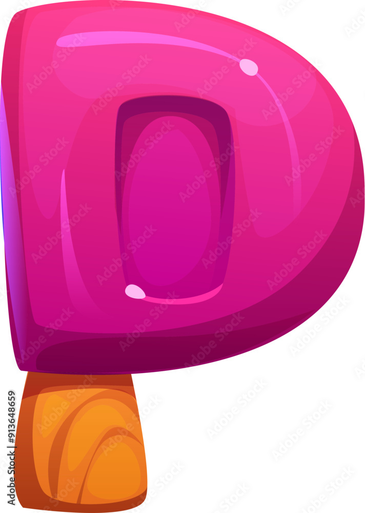 Cartoon Letter P shaped like a pink popsicle on a wooden stick. Candy ...