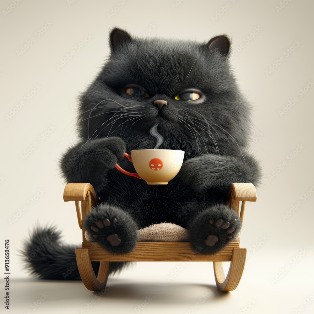 3d , cute chubby fluffy black cat , a contented expression, Lying on ...