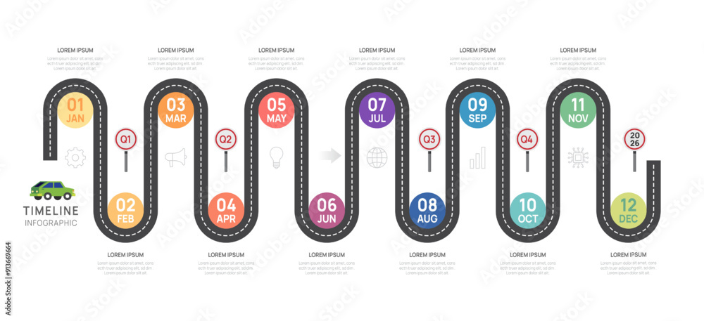 Infographic 2025 road timeline presentation, 12 months. elements ...