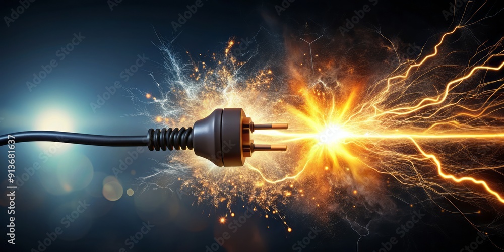 Dangerous electrical shock concept, glowing spark erupts from frayed ...