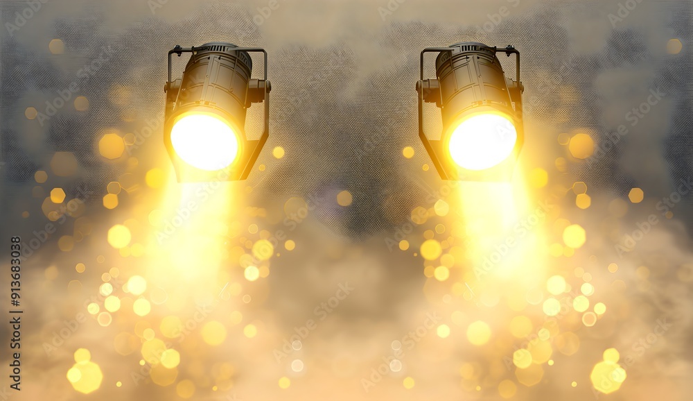 Two yellow spotlights on a transparent background, with a light effect ...