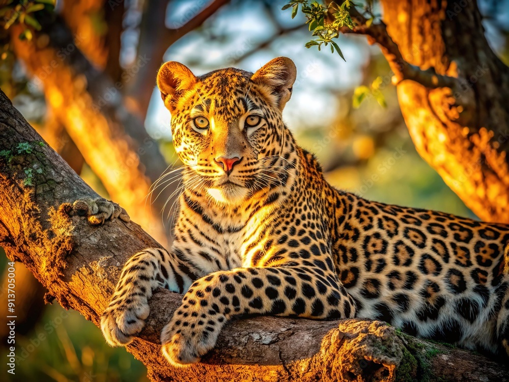 Majestic leopard lazes in a sun-dappled tree, its golden fur blending ...
