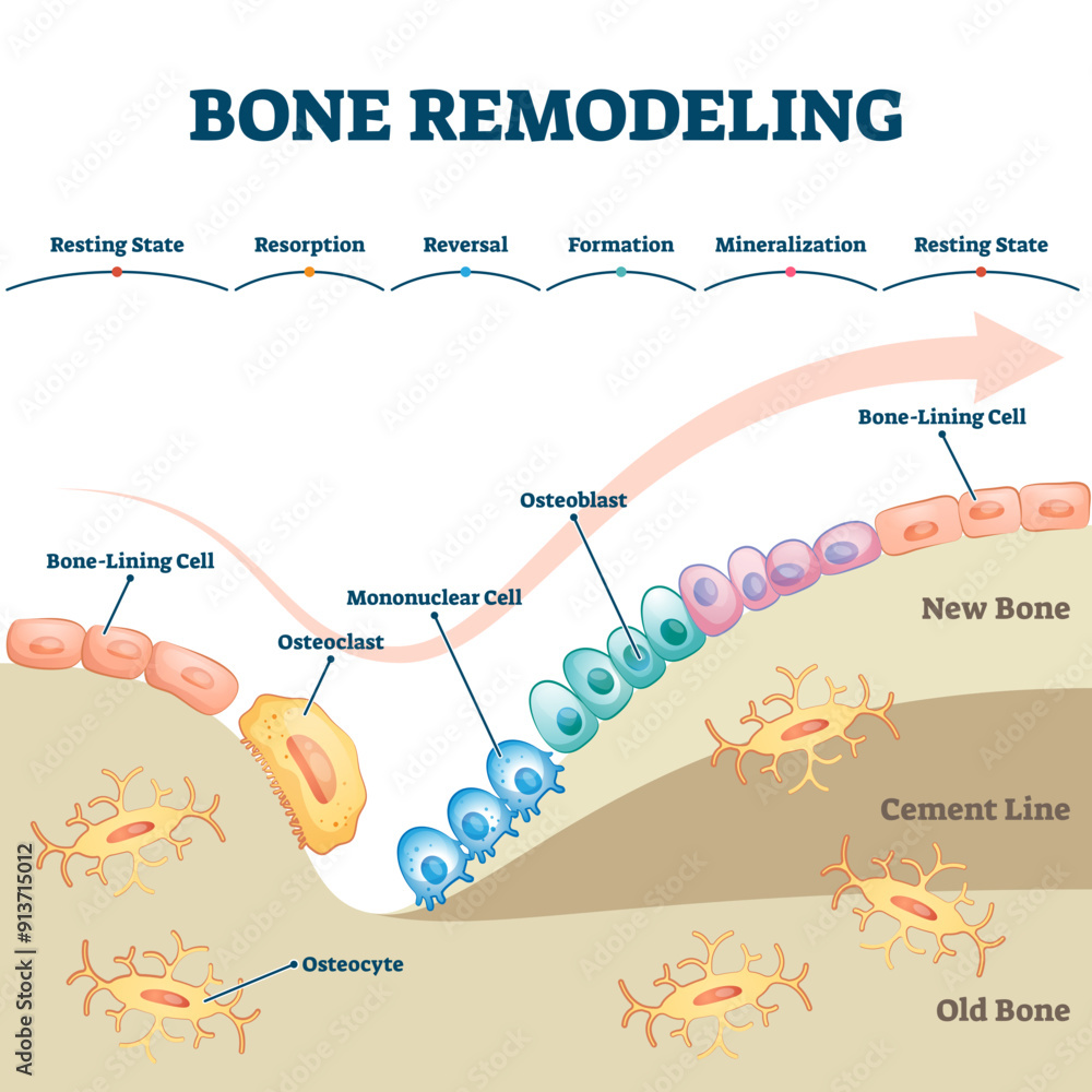 Bone remodeling process educational explanation with labeled structure ...