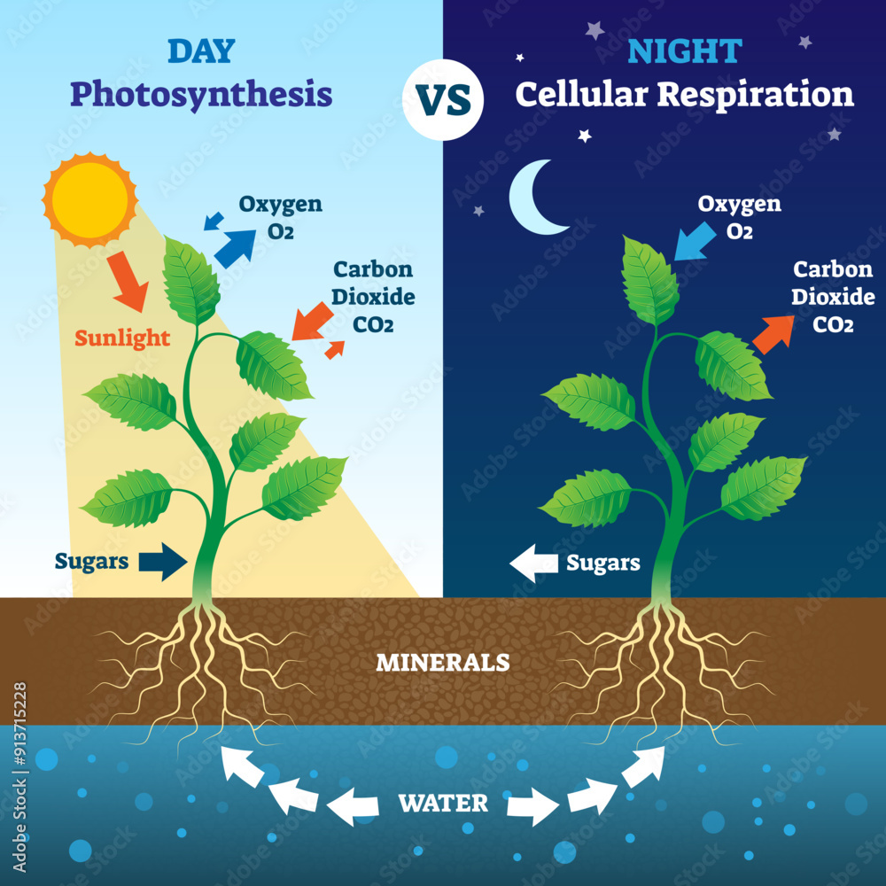 Photosynthesis and cellular respiration comparison illustration ...