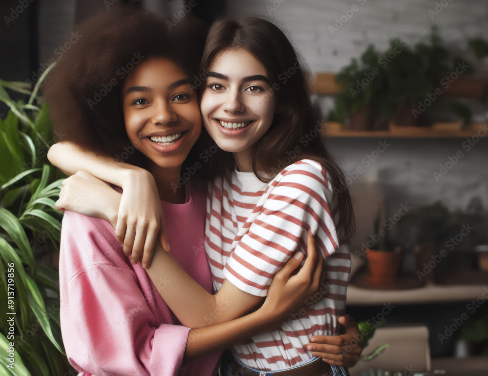 Two smiling very young women teenager hugging each other indoors ...
