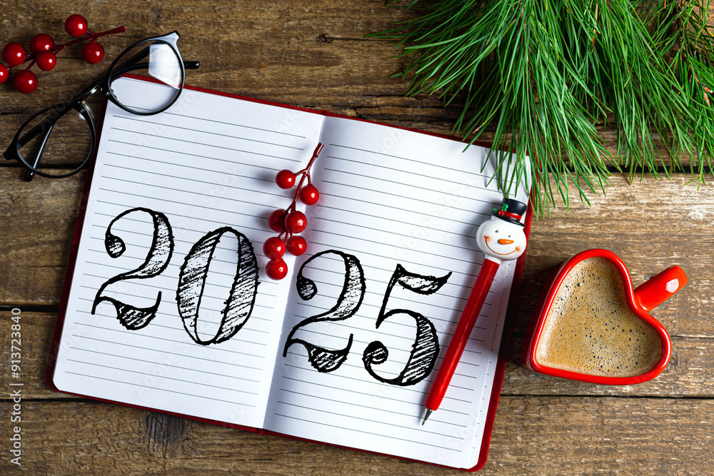 New year resolutions 2025 on desk. 2025 resolutions list with notebook ...