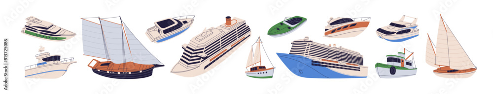 Ships and boats, different types. Passenger sea transport. Modern ...