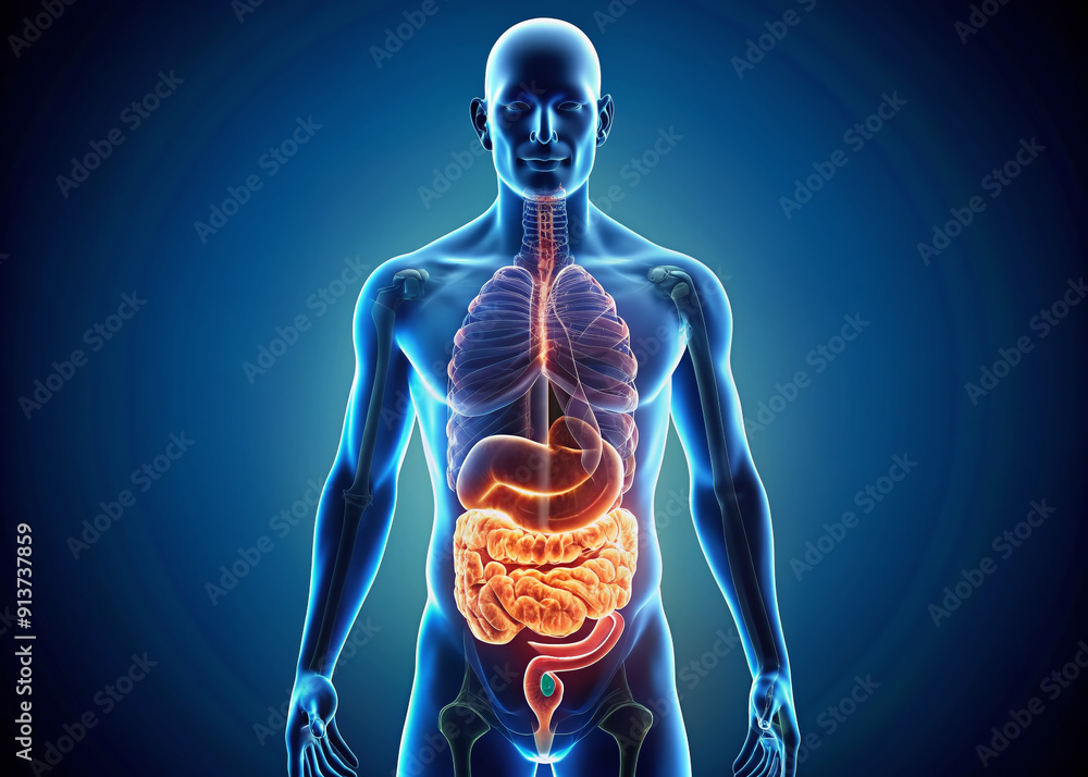 Illustrated male silhouette showcases the gut-brain connection ...