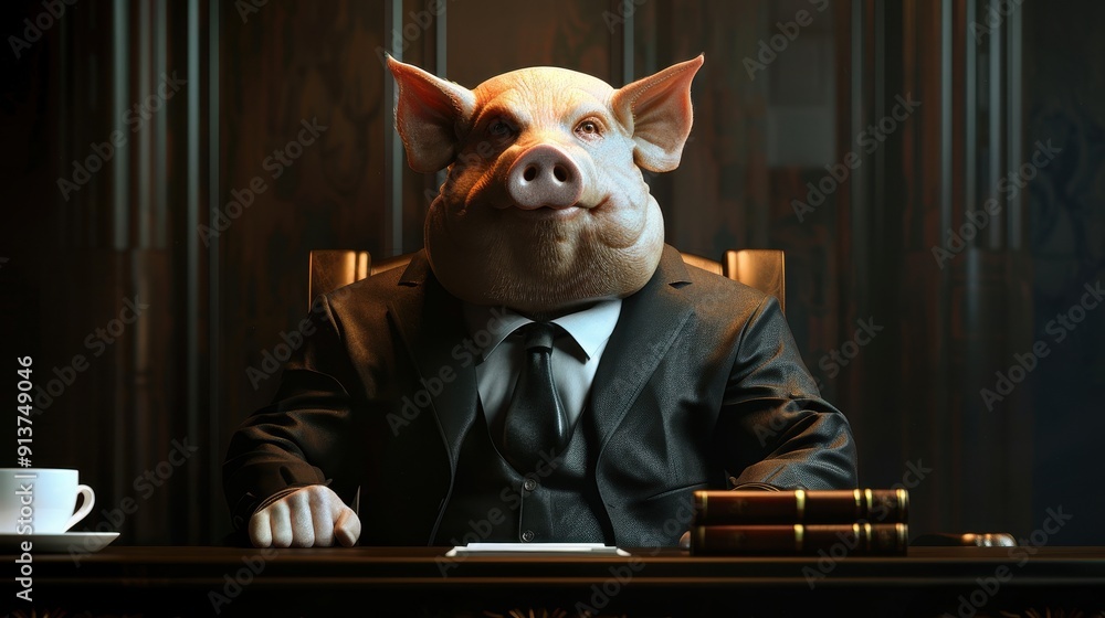 Pig in a business suit, sitting and hence to rest the chin on the hand ...