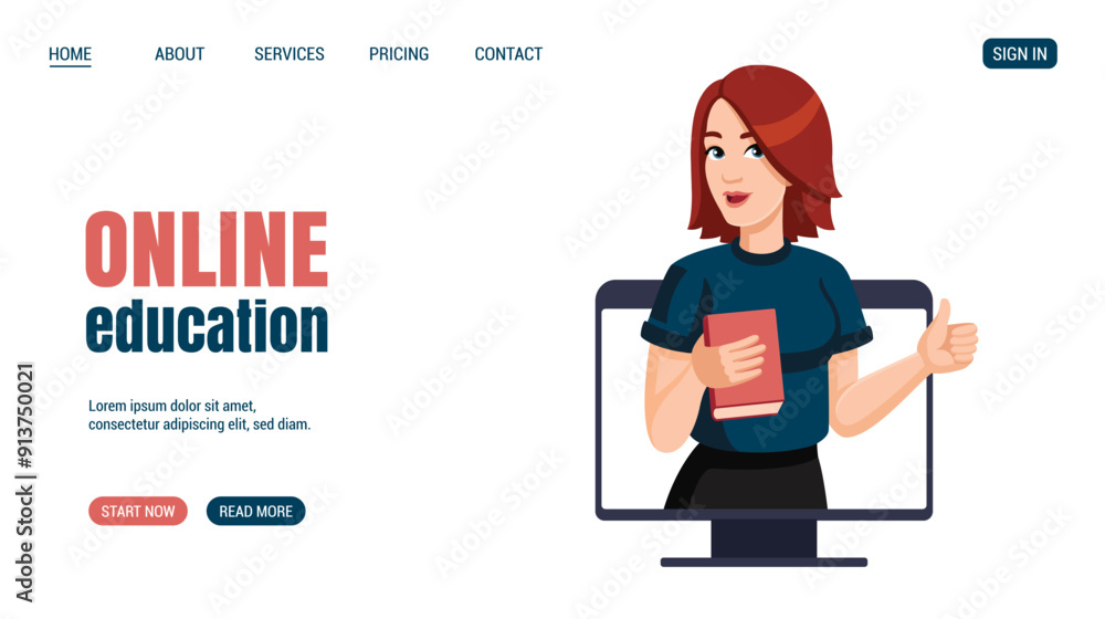 Young woman with book Shows thumbs up from computer monitor. Online ...