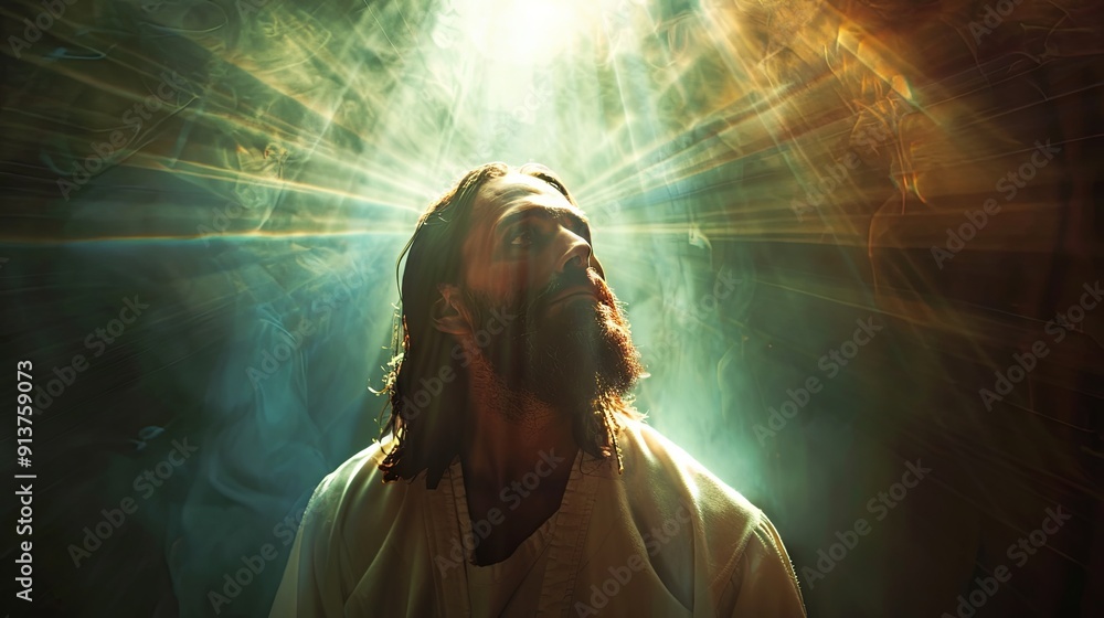 Jesus ascension Christ in the glow of rays Stock Photo | Adobe Stock