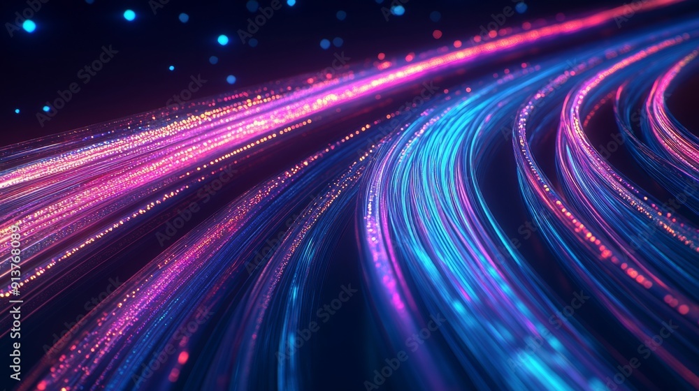 Vibrant neon fiber optic cables move rapidly, creating abstract ...