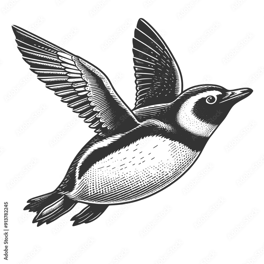penguin in flight, capturing a whimsical and detailed portrayal of this ...